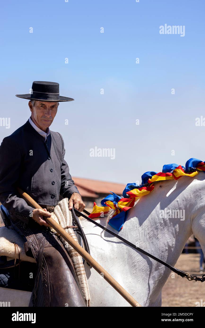 Andalucian horseman giving a display of traditional horsemanship and ...