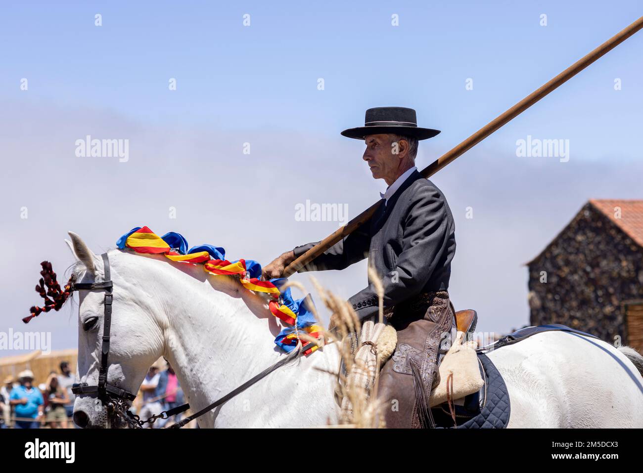 Andalucian horseman giving a display of traditional horsemanship and ...
