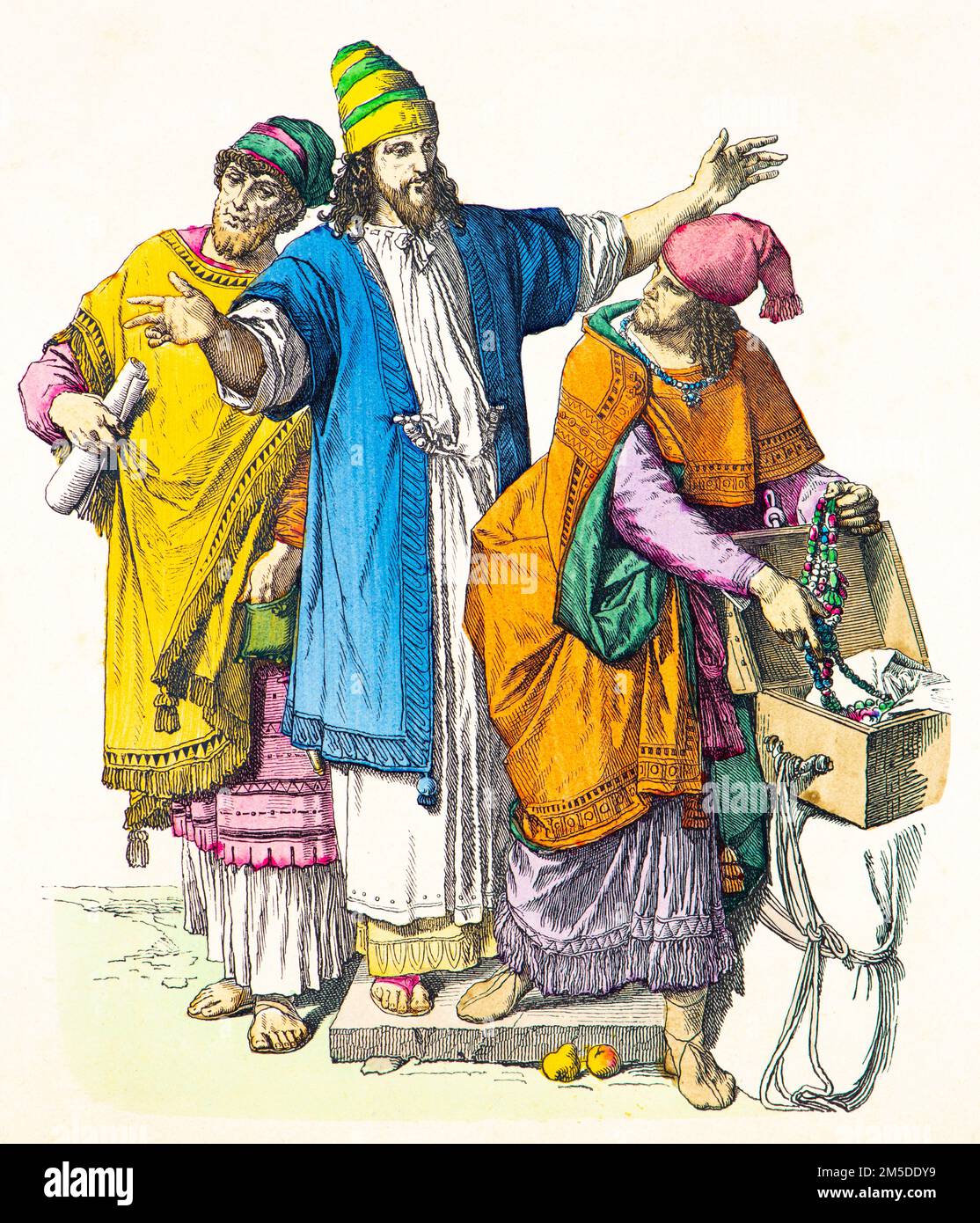 Historical costumes of three Jewish men, colored historical ...