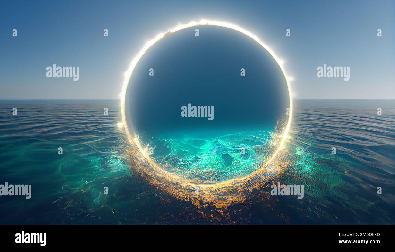 A 3D render of a round portal forming over a beautiful blue sea surface ...