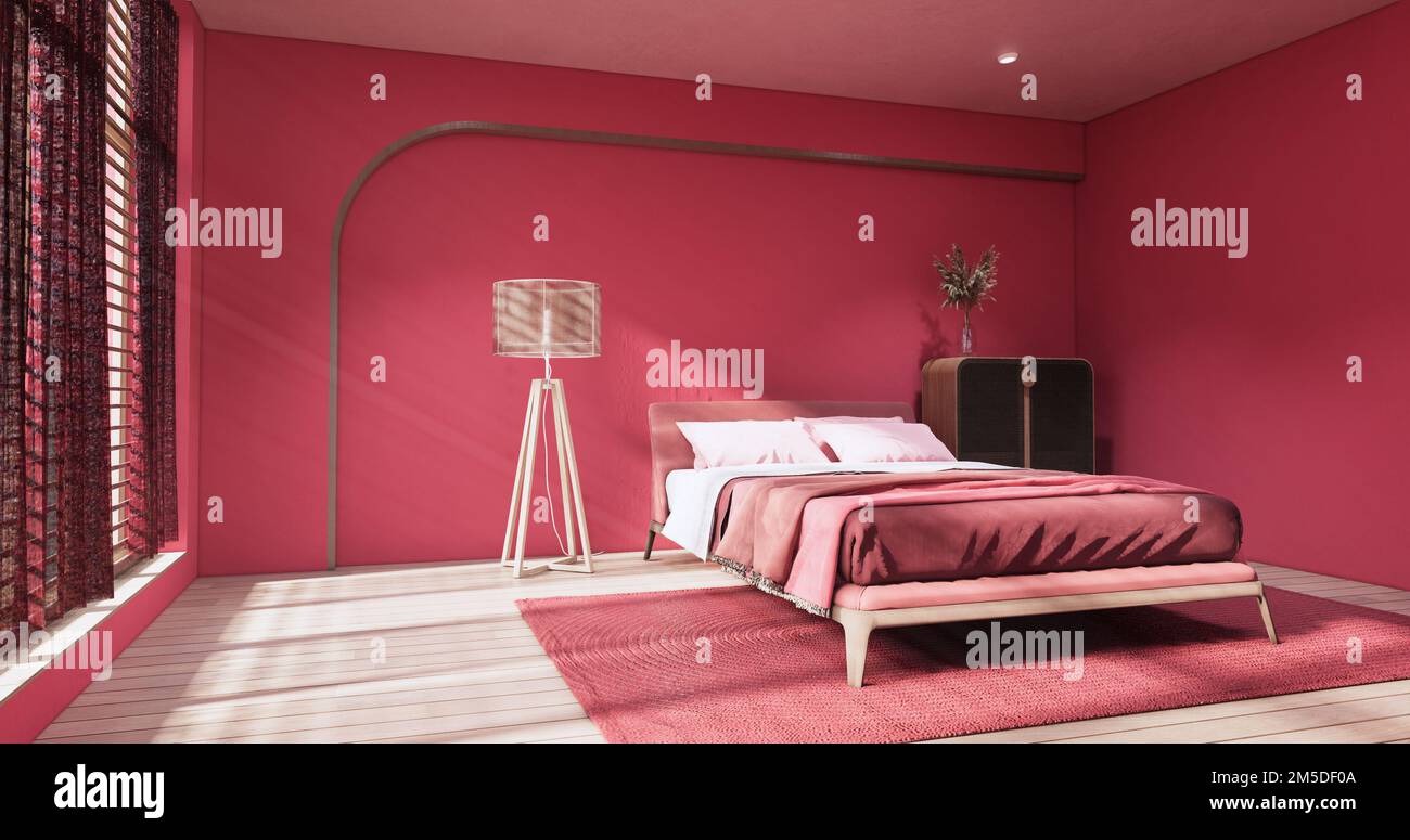 Viva magenta color bedroom japandi design on minimal muji room interior ...