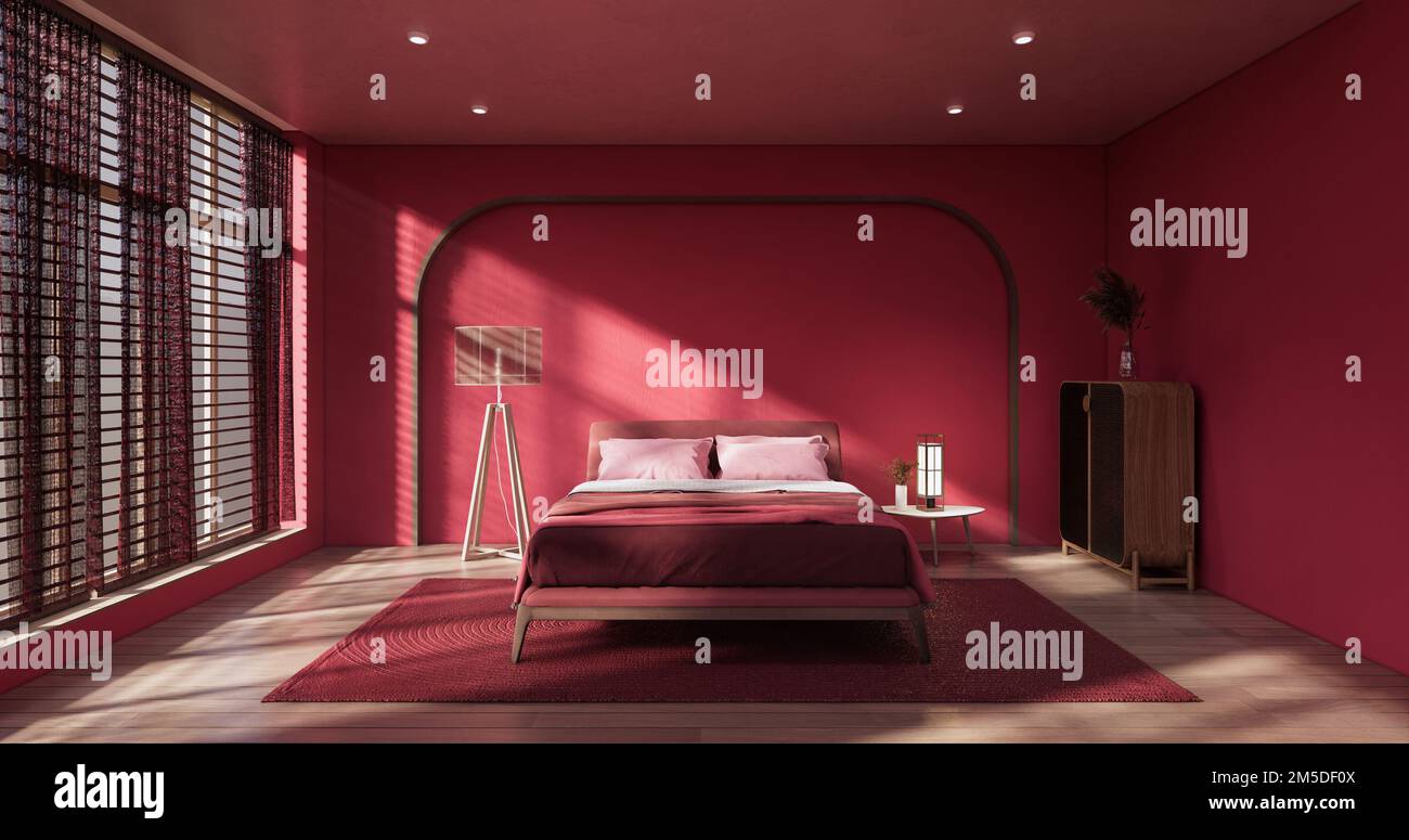 Viva magenta color bedroom japandi design on minimal muji room interior ...