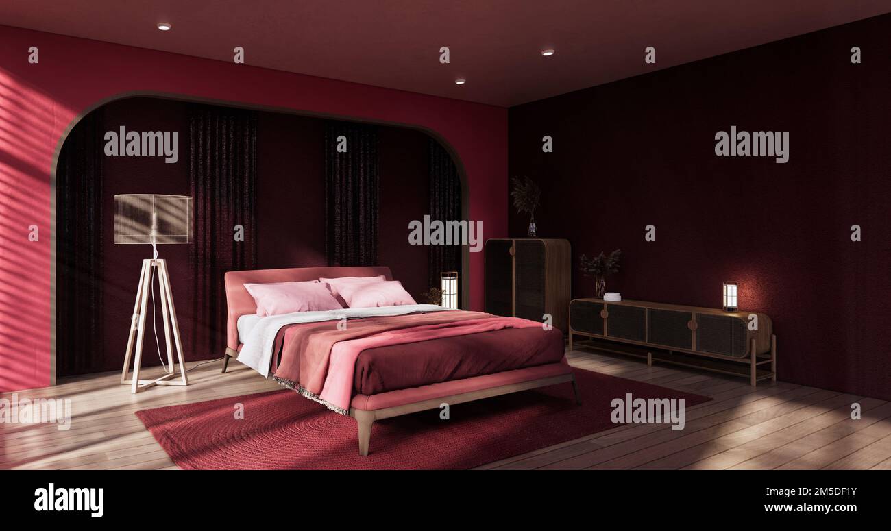 Viva magenta color bedroom japandi design on minimal muji room interior ...