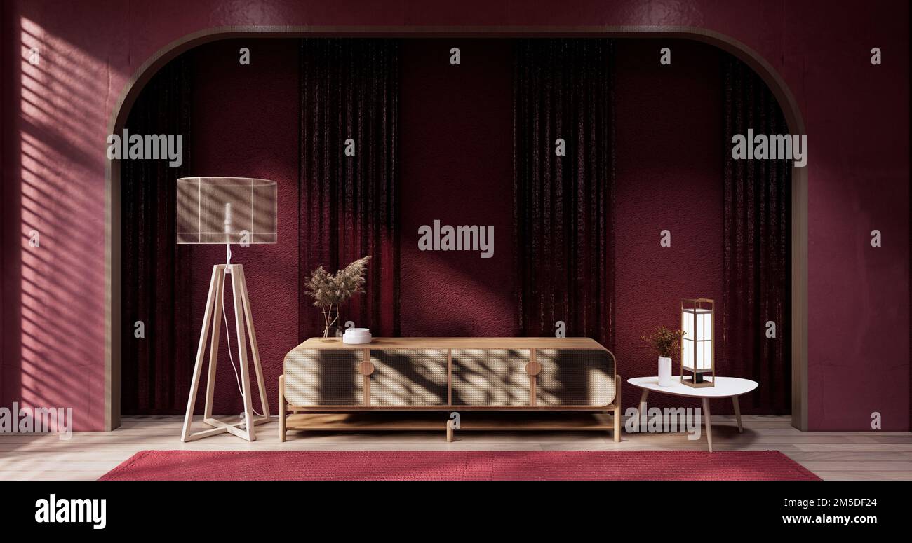 Cabinet in Viva magenta Living room with red wall and lowtable japandi ...