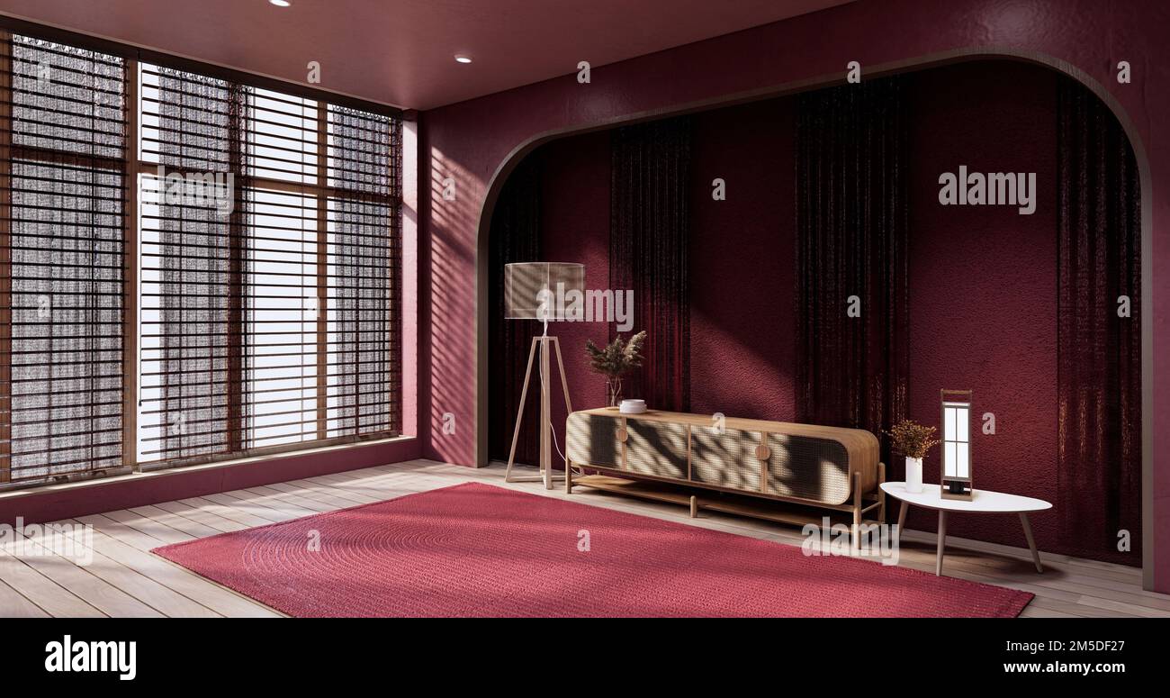 Cabinet in Viva magenta Living room with red wall and lowtable japandi ...