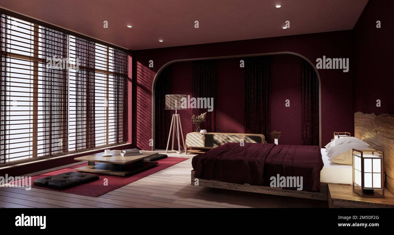 Viva magenta color bedroom japandi design on minimal muji room interior ...