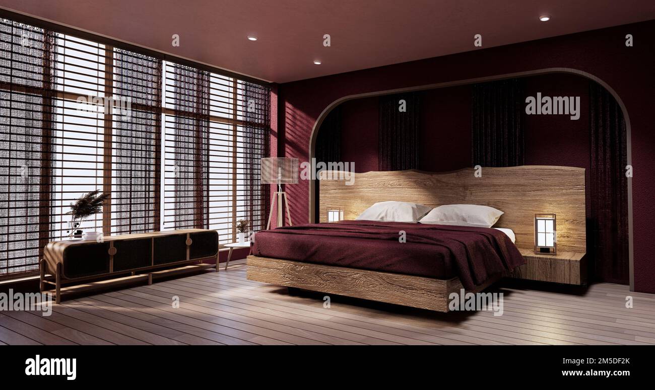 Viva magenta color bedroom japandi design on minimal muji room interior ...