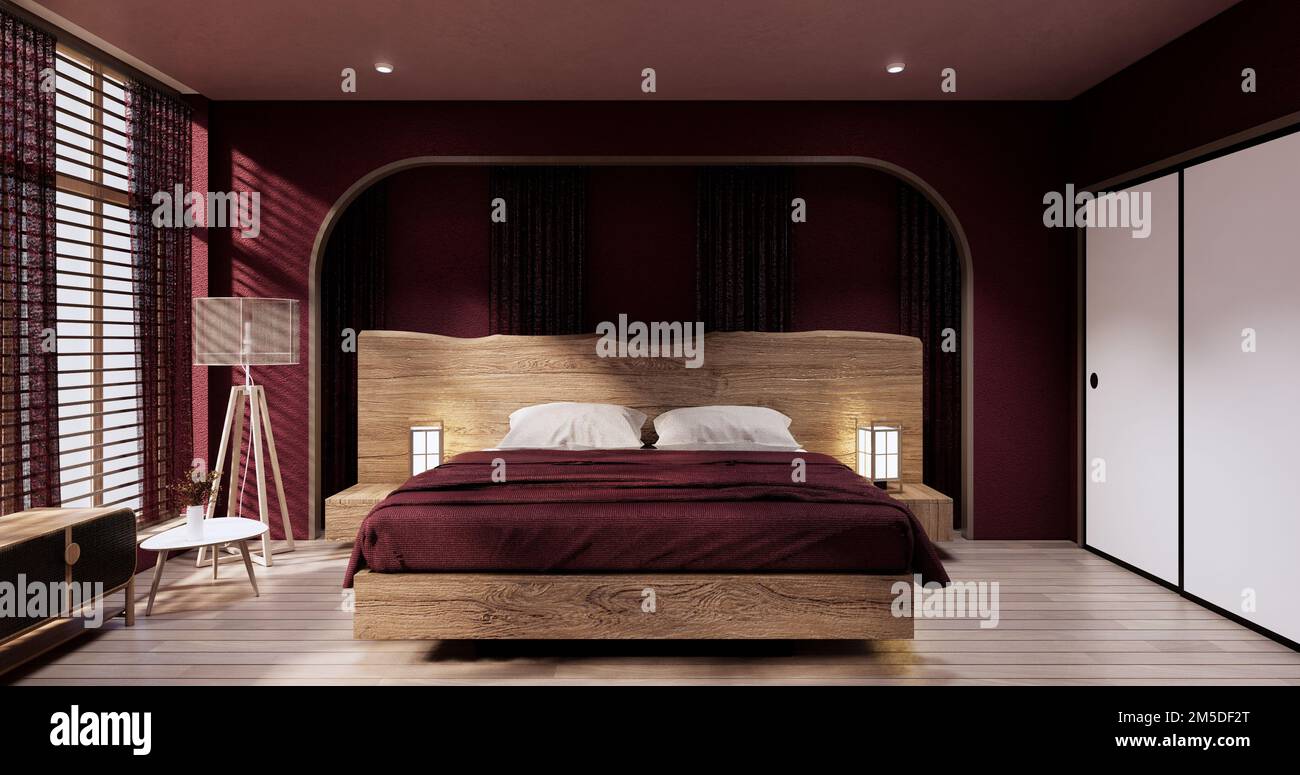 Viva magenta color bedroom japandi design on minimal muji room interior ...