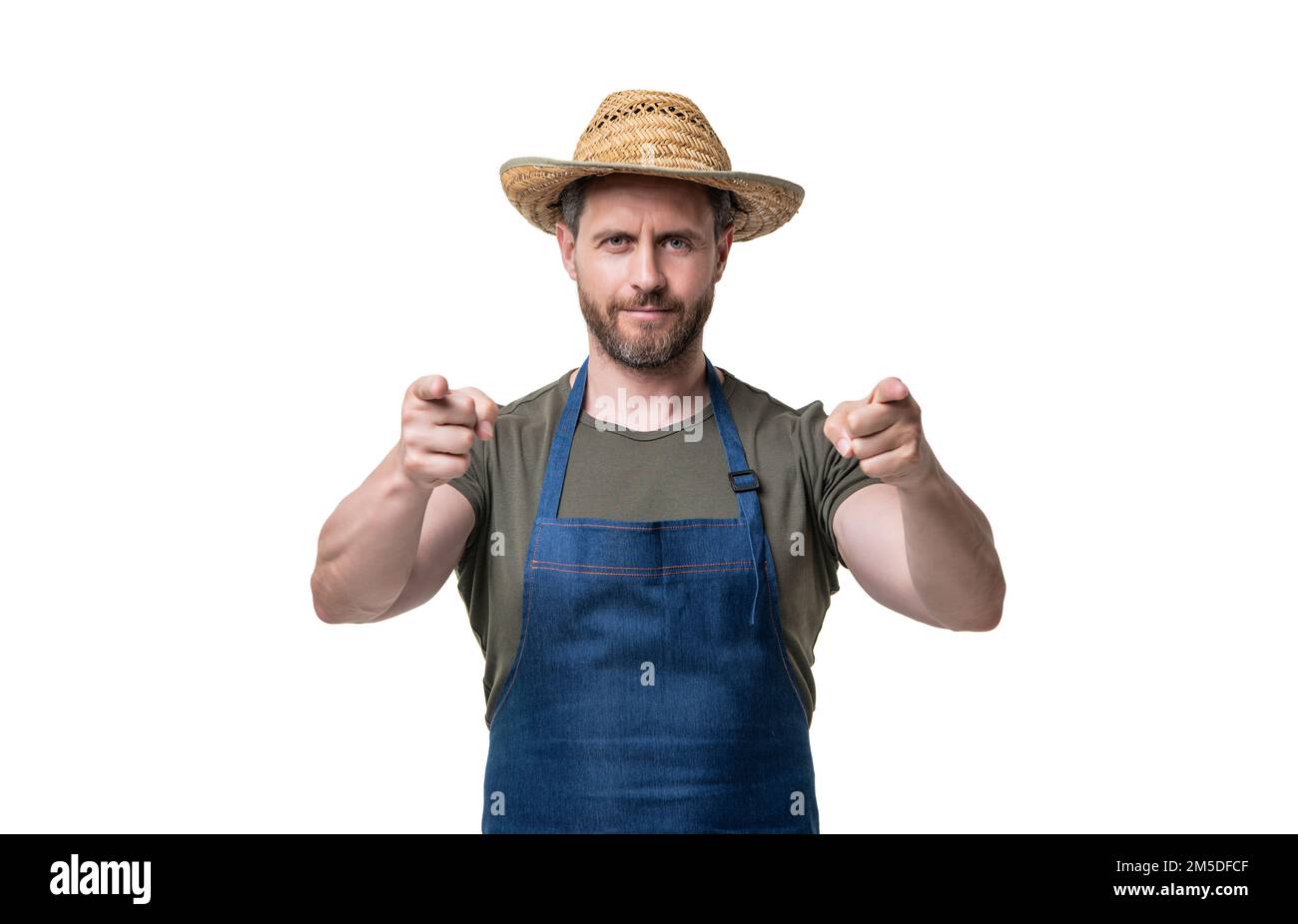 caucasian man in hat and apron isolated on white background. point ...