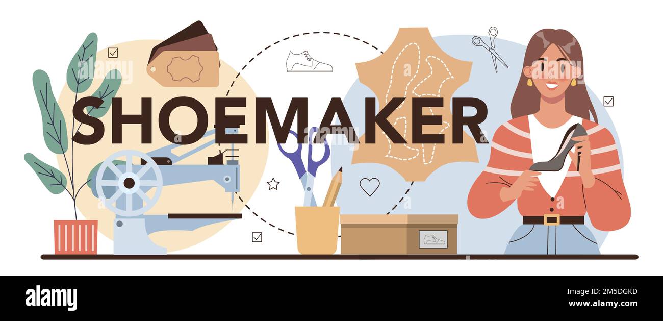 Shoemaker typographic header. Craftsman wearing an apron mending shoe ...