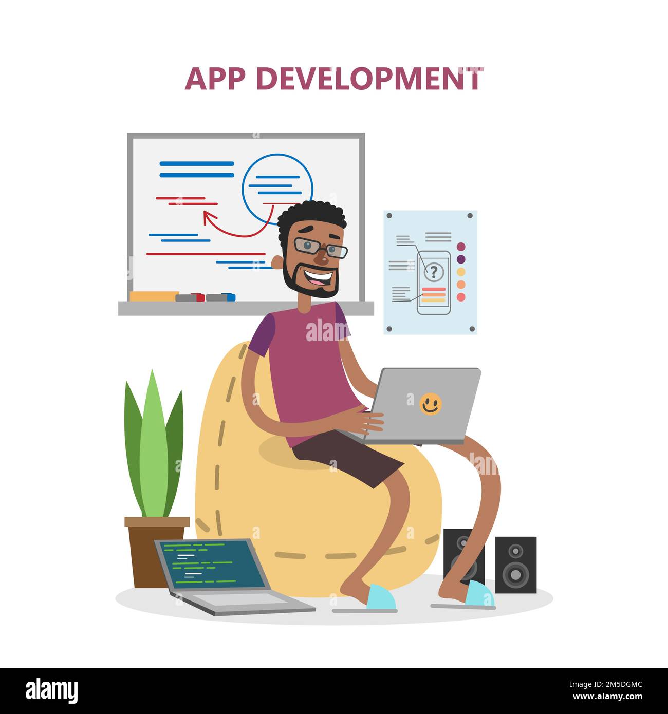 Male app developer. Smiling african man wiith laptop developing ...