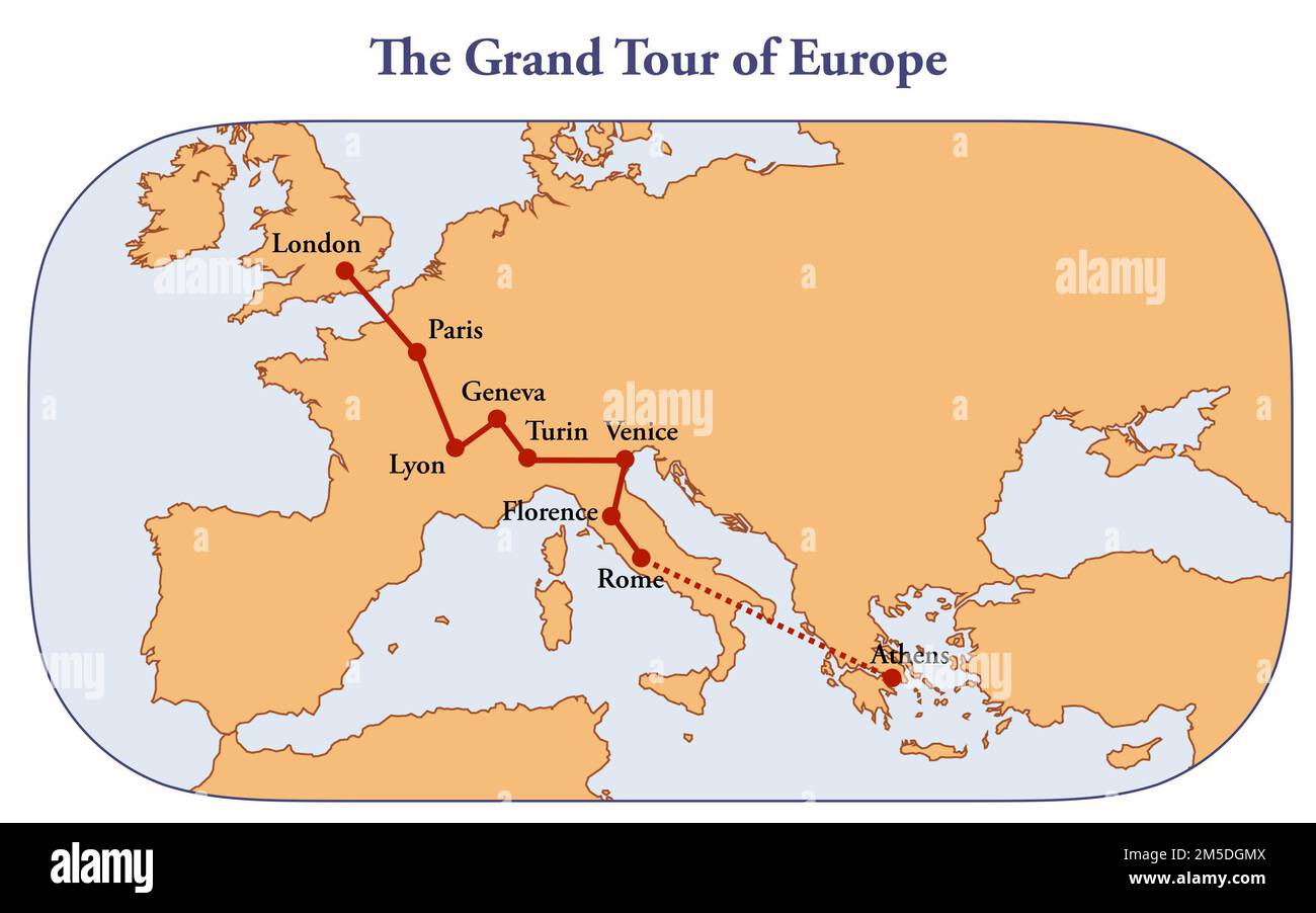 Map with the route of the classic grand tour of Europe Stock Photo - Alamy Map with the route of the classic grand tour of Europe Stock Photo - Alamy