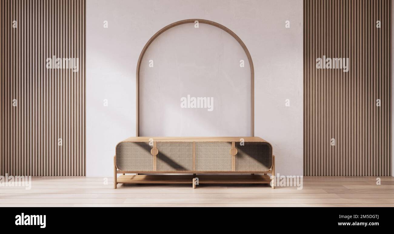 Cabinet wooden japandi design on living room muji style empty wall ...