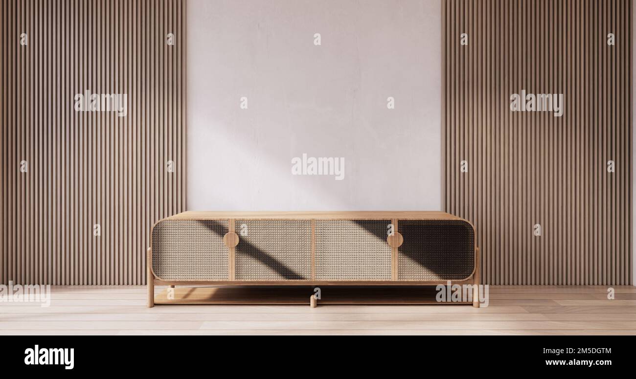 Cabinet wooden japandi design on living room muji style empty wall ...