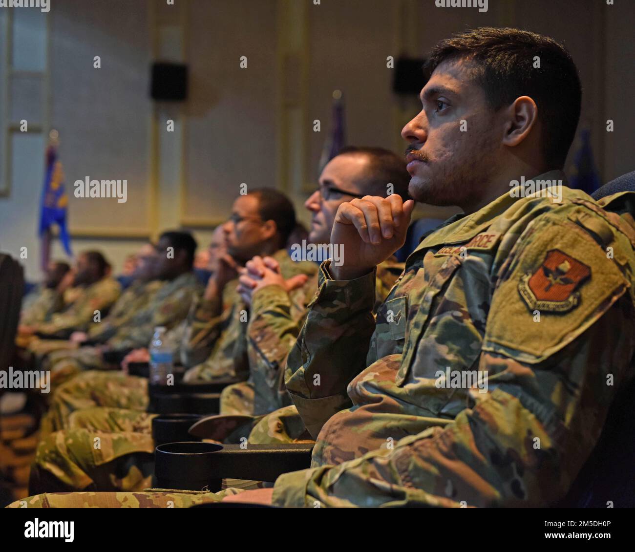 Members of the 17th Training Wing listen during Commander’s Call at the ...