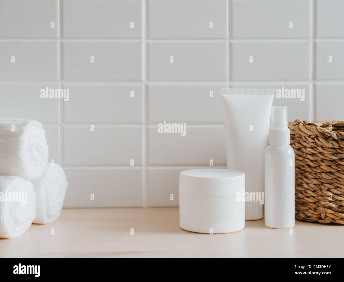 Cosmetic product mockups and bath items on white background. Background ...