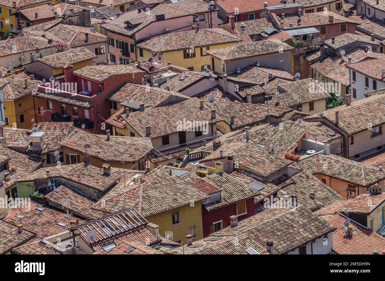 Looking down on the tiled rooftops of houses from Malcesine Castle ...