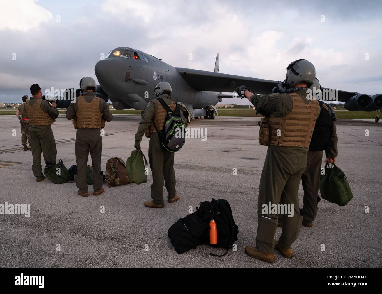 U.S. Air Force B-52H Stratofortress aircrew, deployed with the 96th Expeditionary Squadron, wait ...