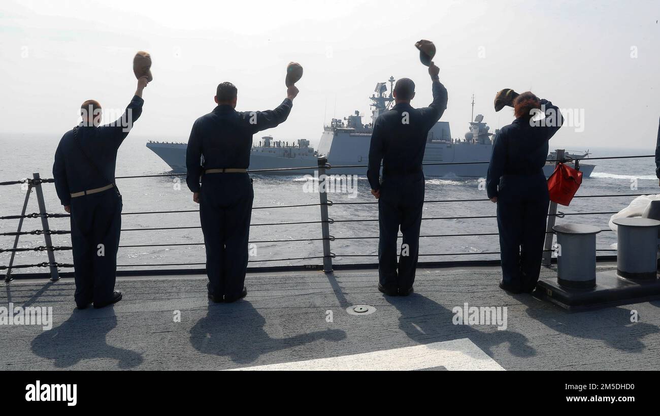 INDIAN OCEAN (March 3, 2022) Sailors wave at the Rajput destroyer INS ...