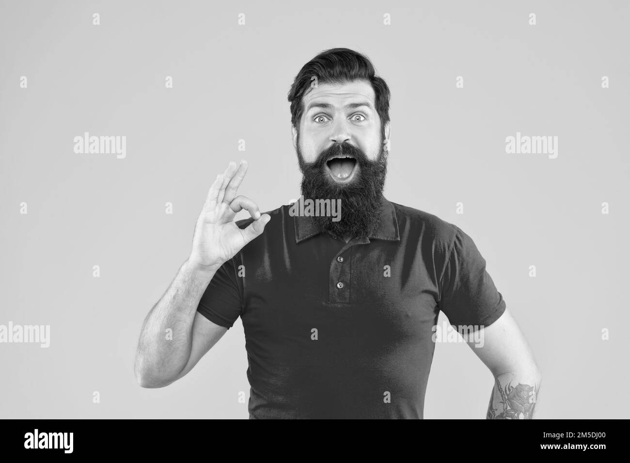 amazed bearded man with moustache in tshirt showing ok gesture on ...