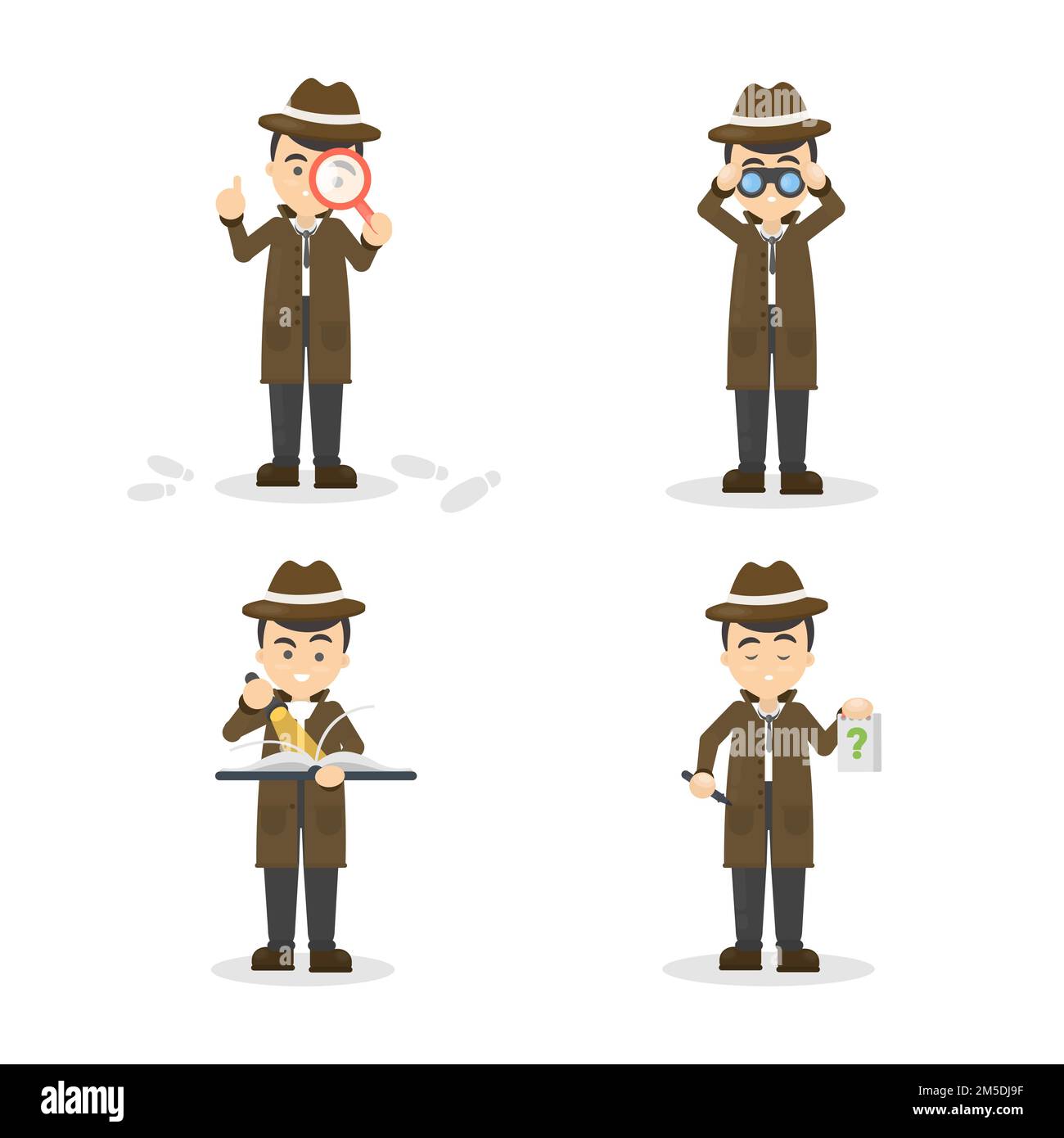 Cartoon detective set. Magnifying glass and book, foot prints and ...