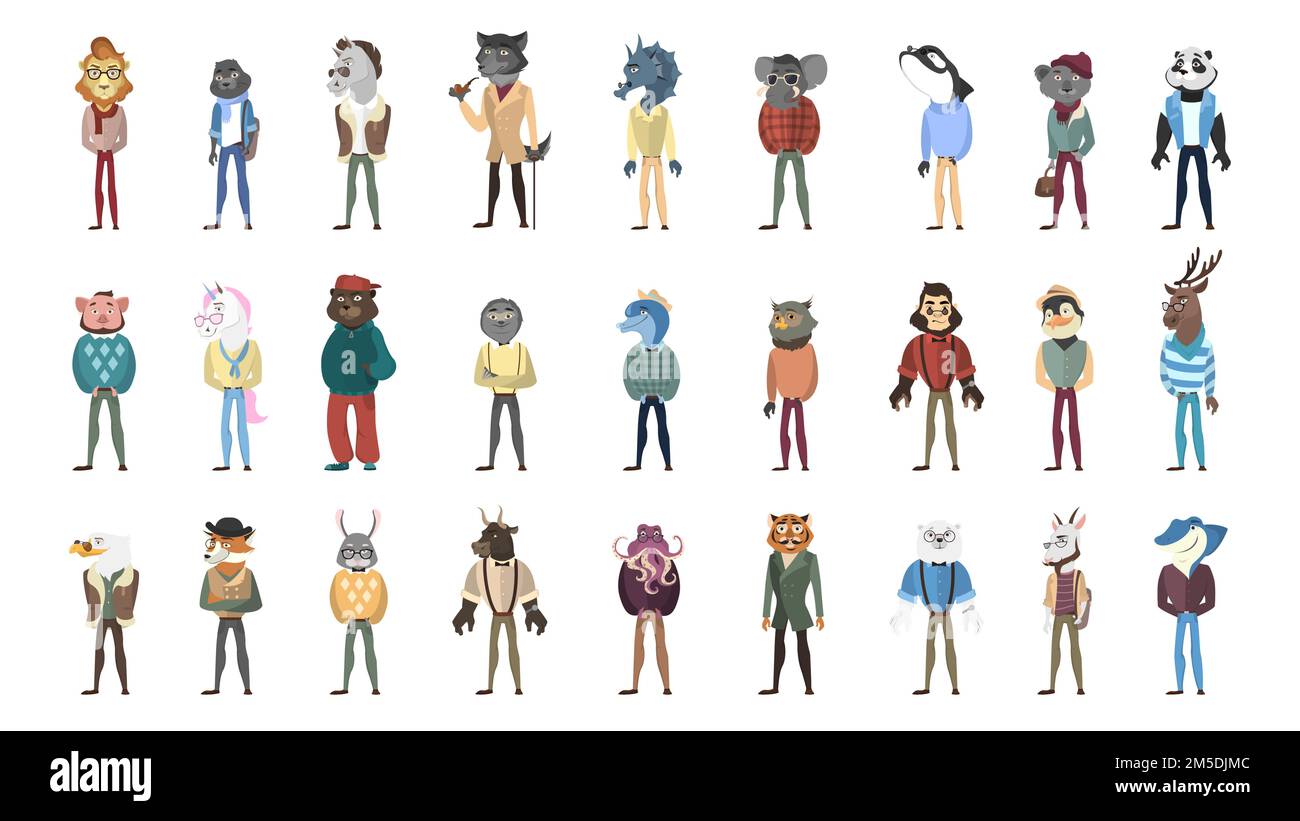 Humanized animals set. Wild animals with human body in clothes Stock ...