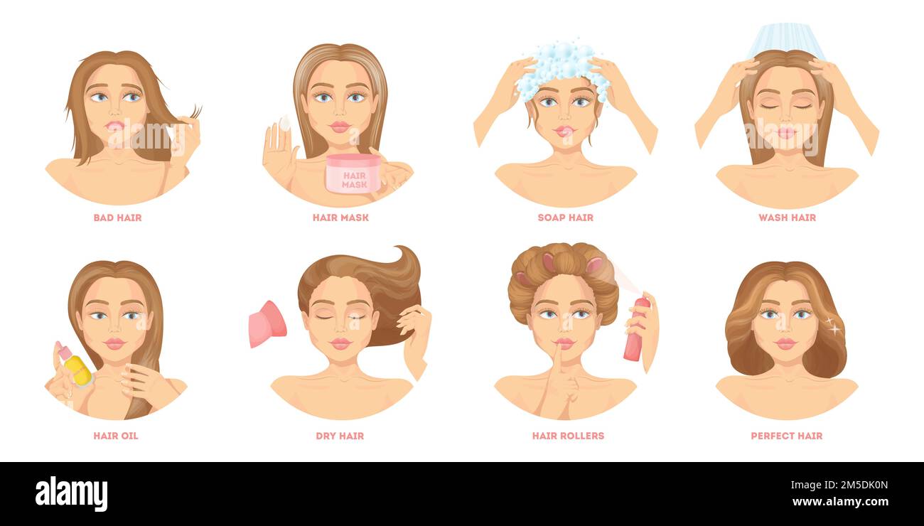 Hair care set. Infographic of woman showing how to care for hair Stock ...
