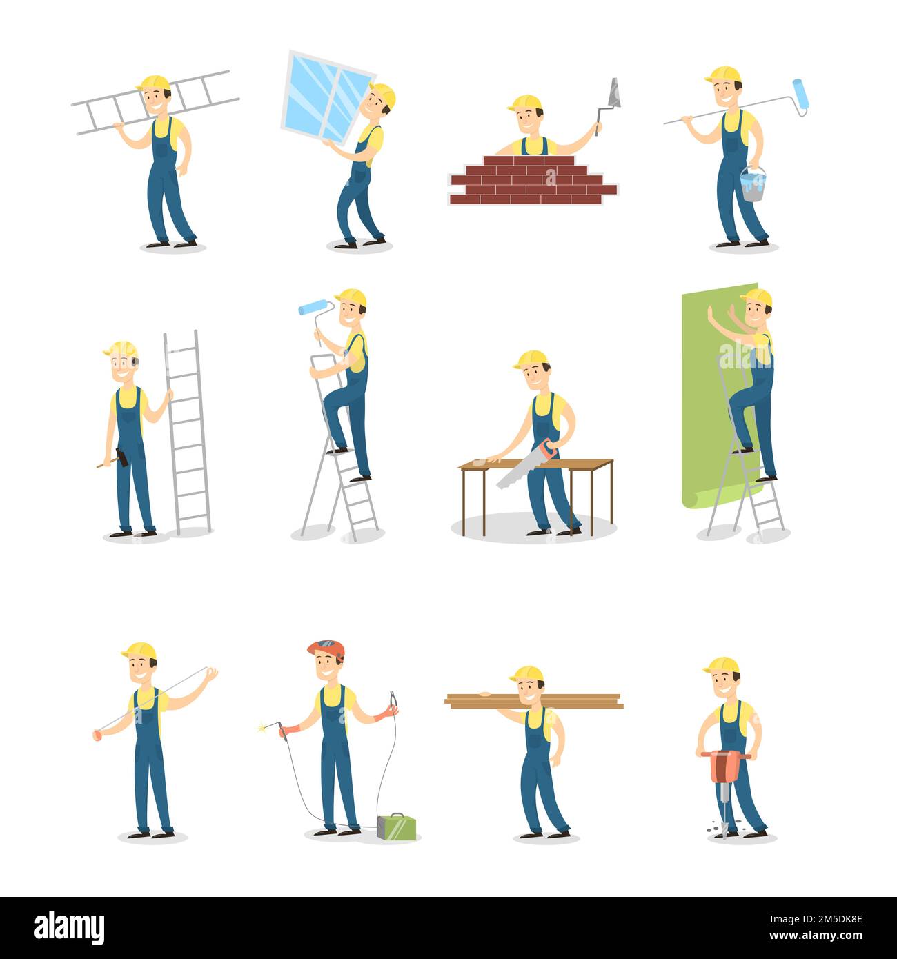 Construction workers set. Man in outfit with hardhat working and ...