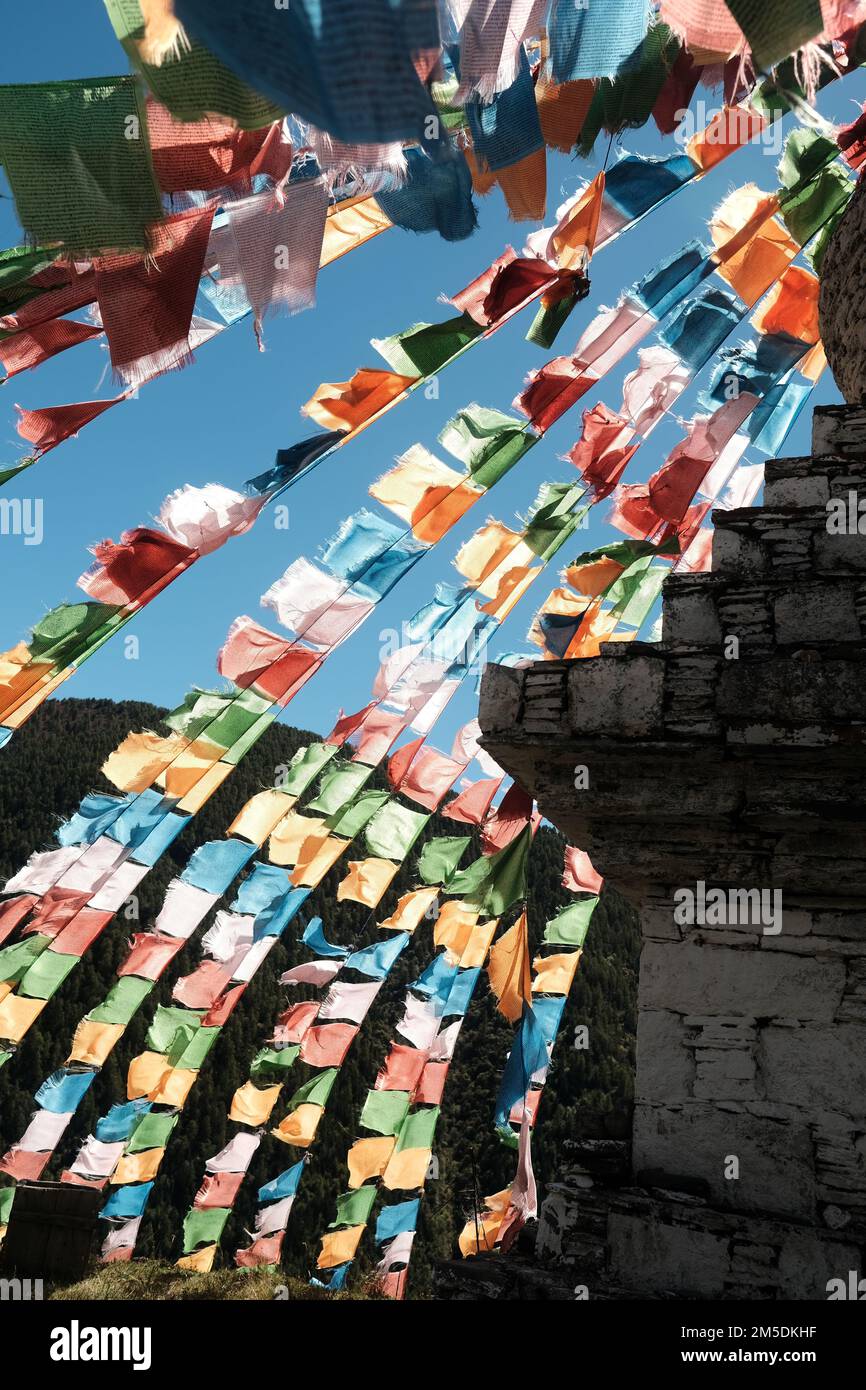Tibetan prayer flags blowing in the wind. Colorful tibetan flags in ...