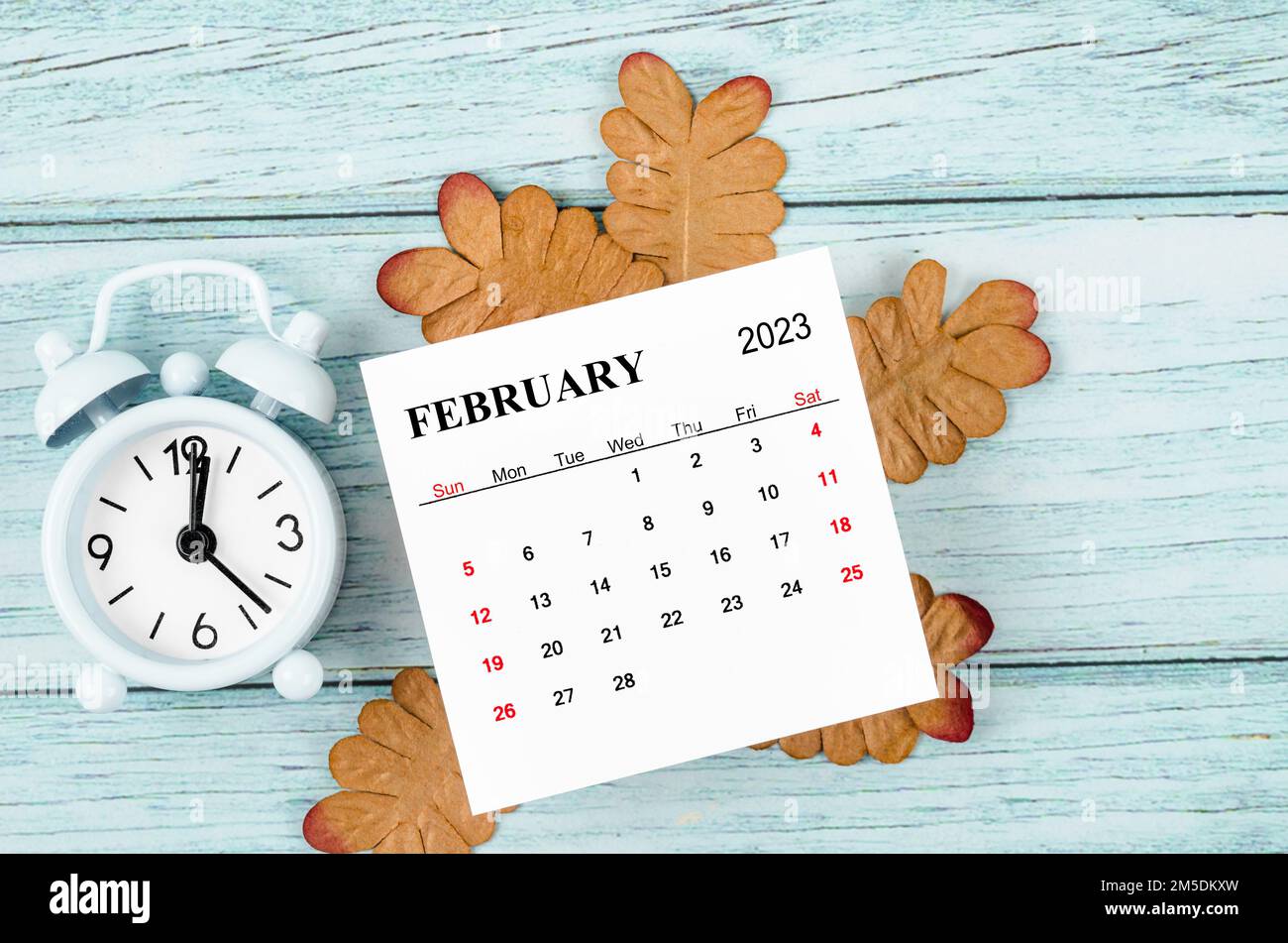 February 2023 Monthly calendar year and alarm clock with dried leaves ...