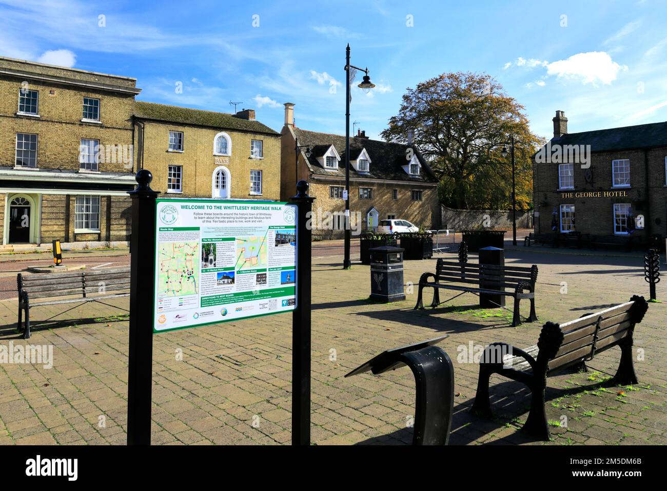 A Heritage Walk sign on the market square, Whittlesey town, Fenland ...