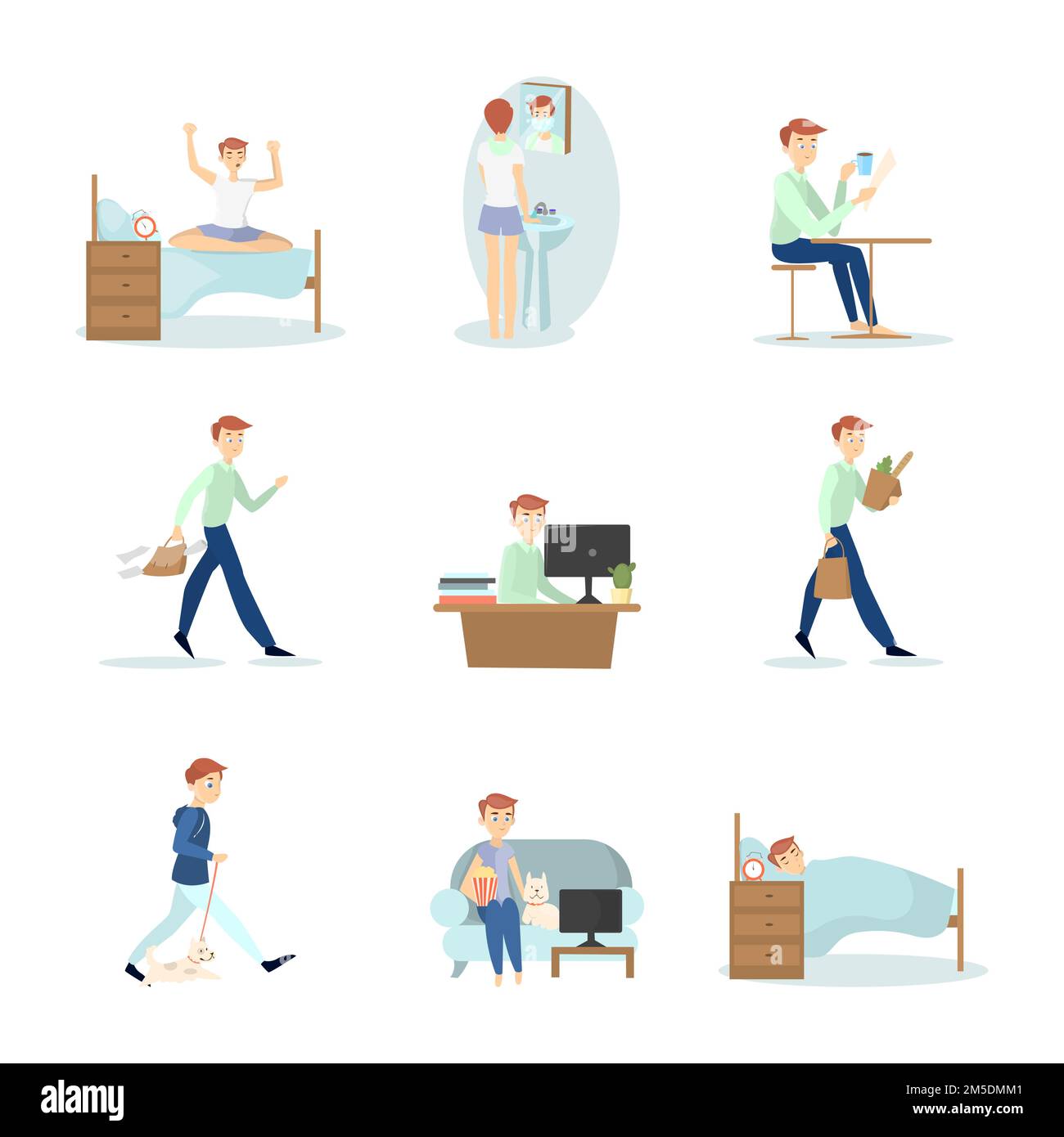 Man daily routine. Daily life of young handsome man as waking up ...