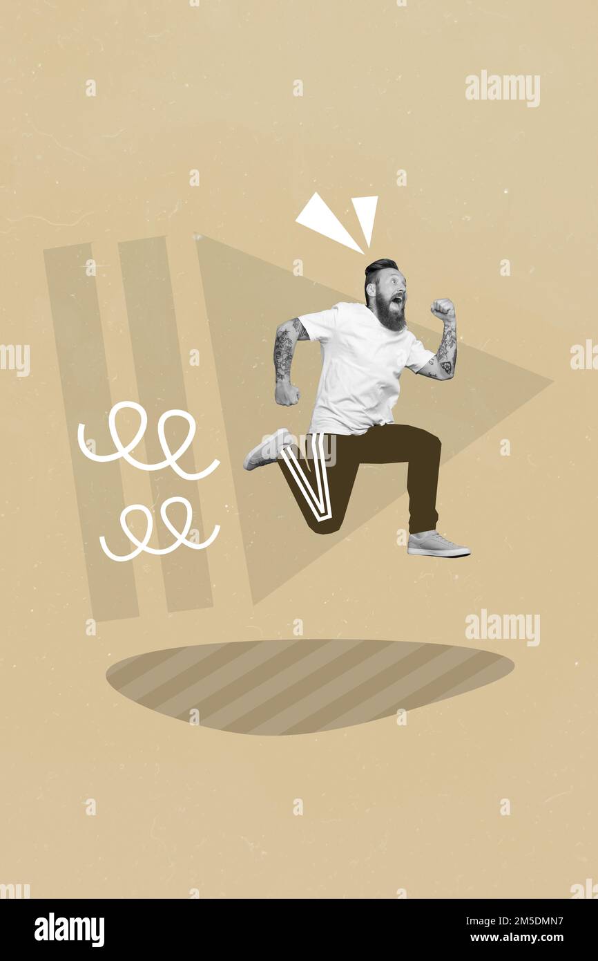 Photo artwork minimal collage picture of funky funny guy hurrying ...