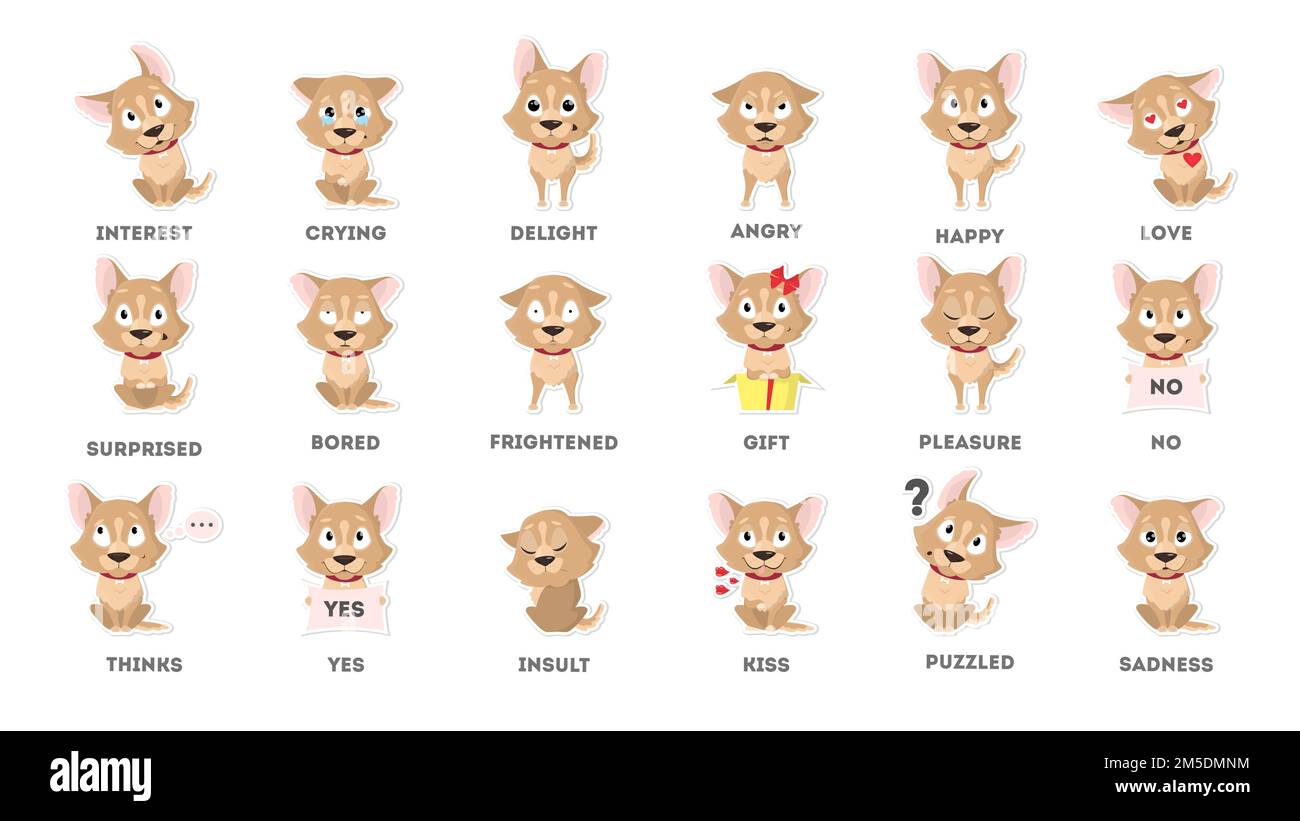 Dog emotions set. Funny cartoon emoji. Smiling and angry, sad and ...