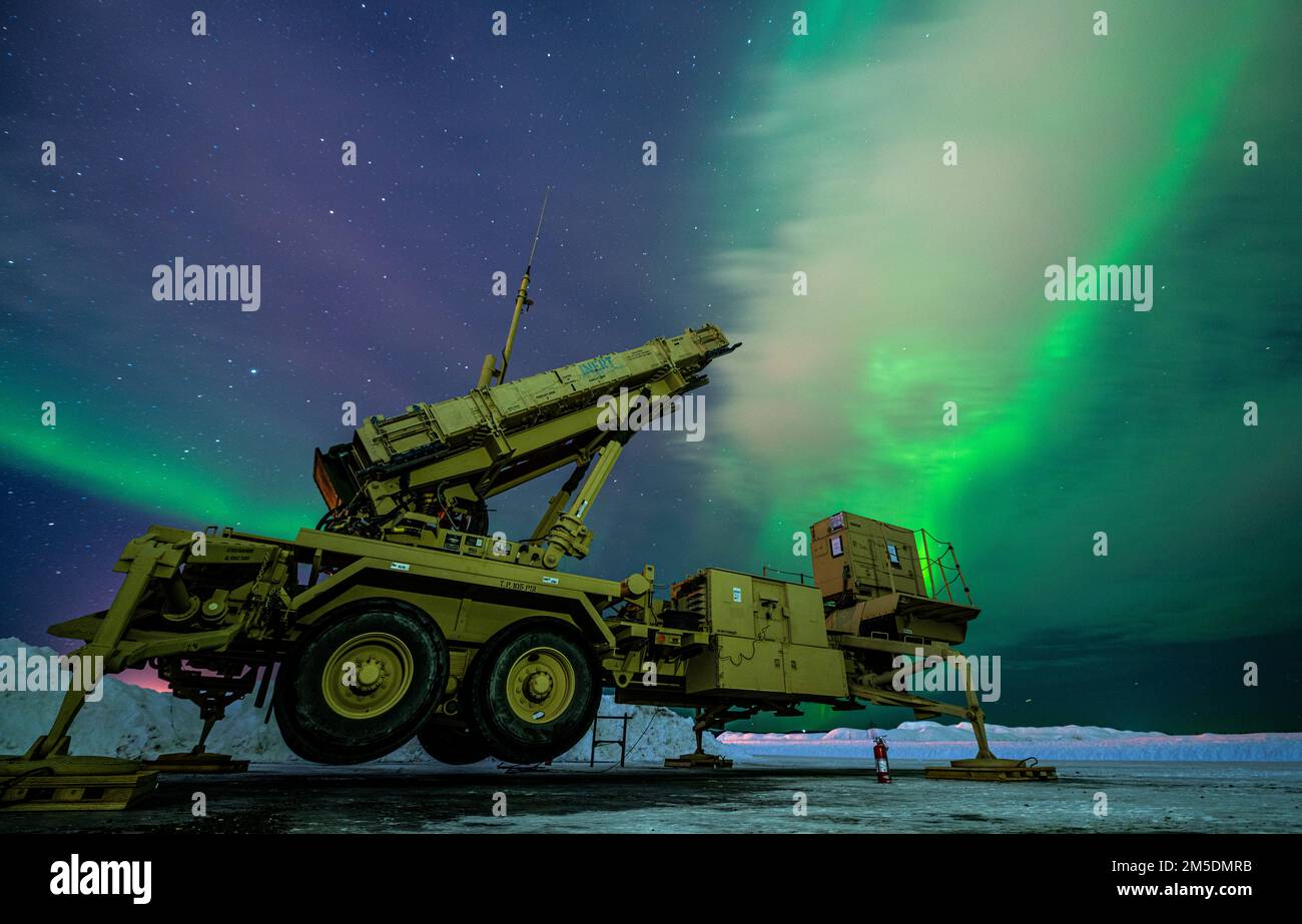 The northern lights glow behind a Patriot M903 launcher station ...
