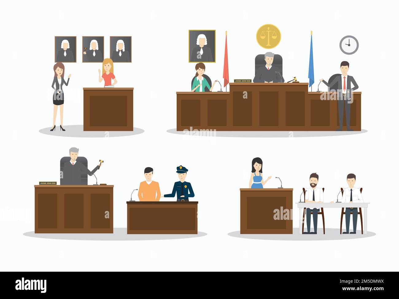 Court illustrations set. Lawyers and witnesses, judje and police on ...