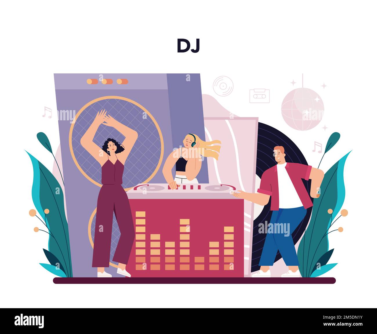 DJ concept. Person standing at turntable mixer make music in club. Club ...