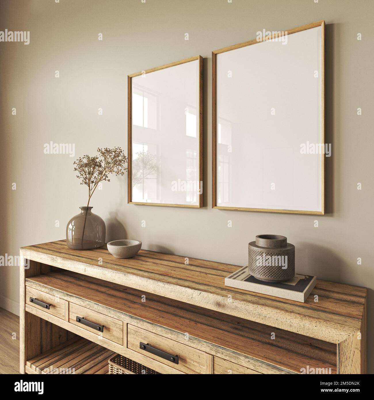 Commode with decor in farmhouse living room interior. Light beige wall ...