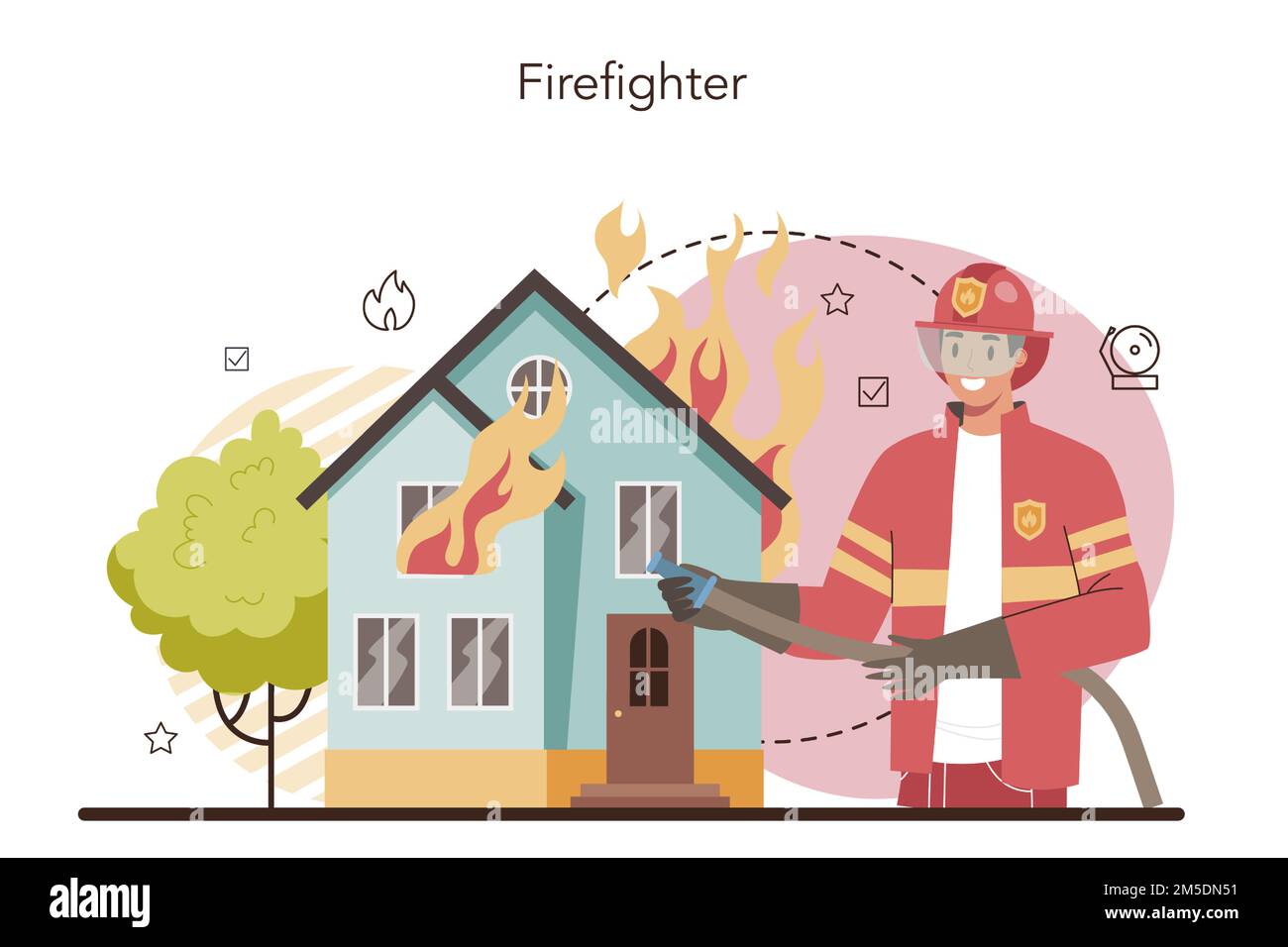 Firefighter concept. Professional fire brigade fighting with flame ...
