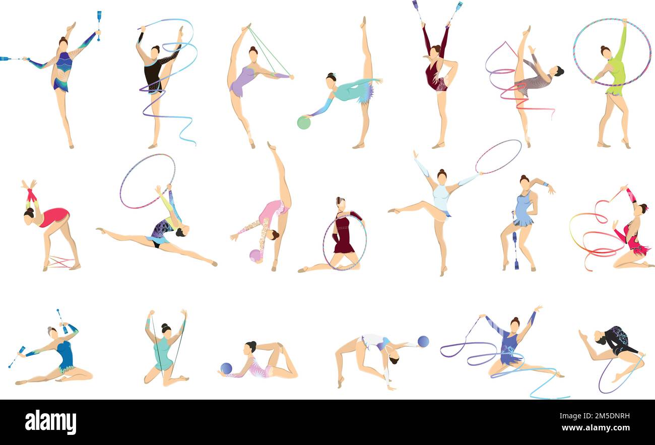 Gymnastics illustrations set. Women in outfit with gymnastic equipment ...
