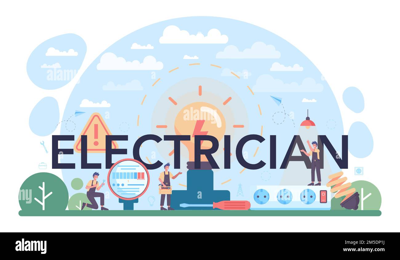 Electrician typographic header. Electricity works service worker in the ...