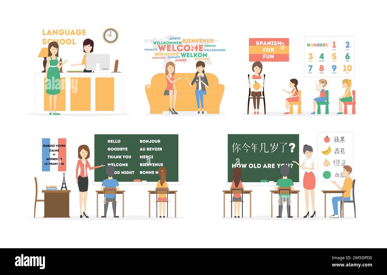 Language course set of illustrations on white background. Rooms with ...