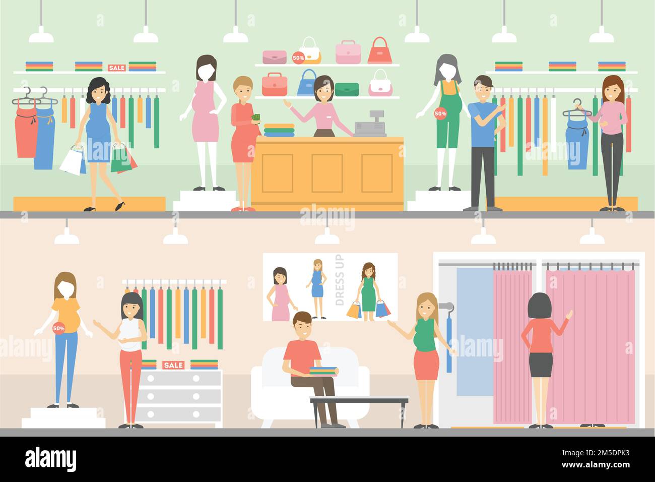 Maternity shop set. People buying clothes and things for new children ...