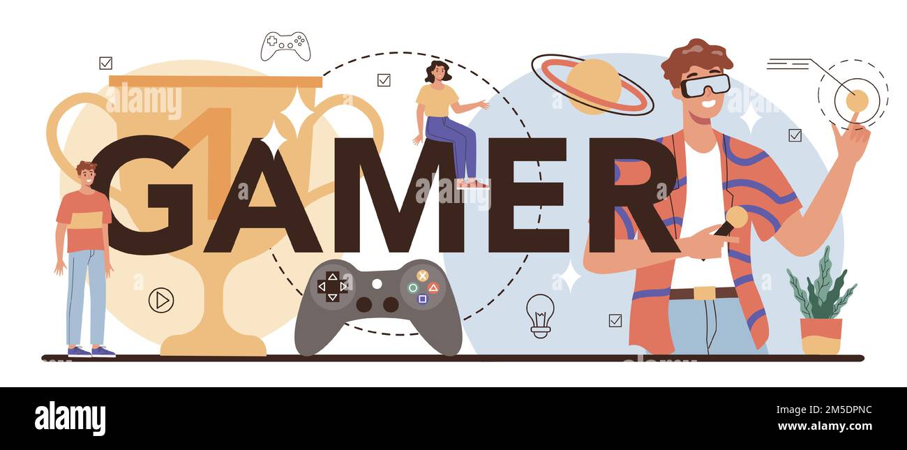Gamer typographic header. Person play on the computer video game. E ...