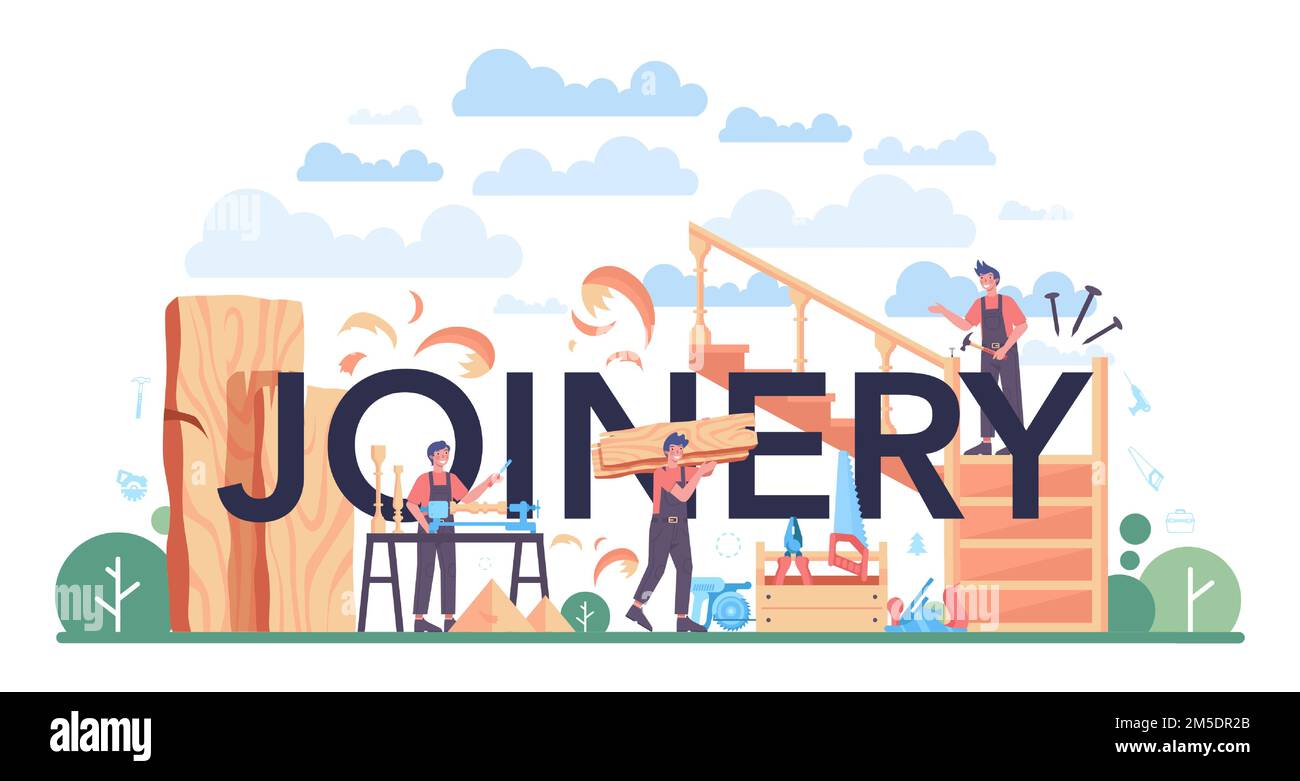 Joiner typographic header. Wooden furniture constructor working with ...