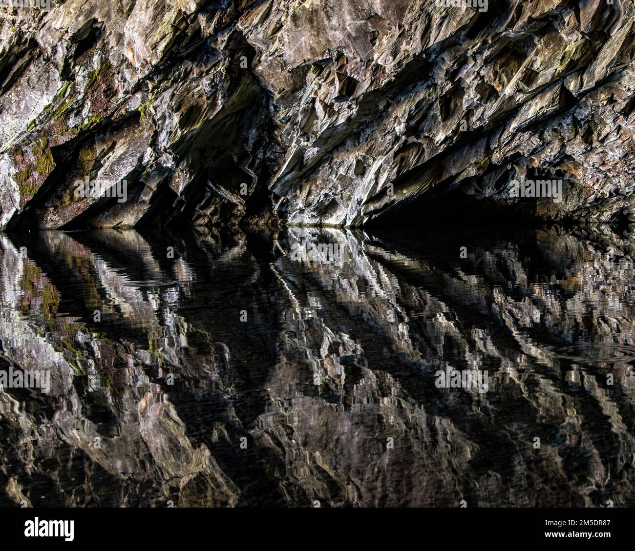 An underground view of rock formations reflecting perfectly on lake ...
