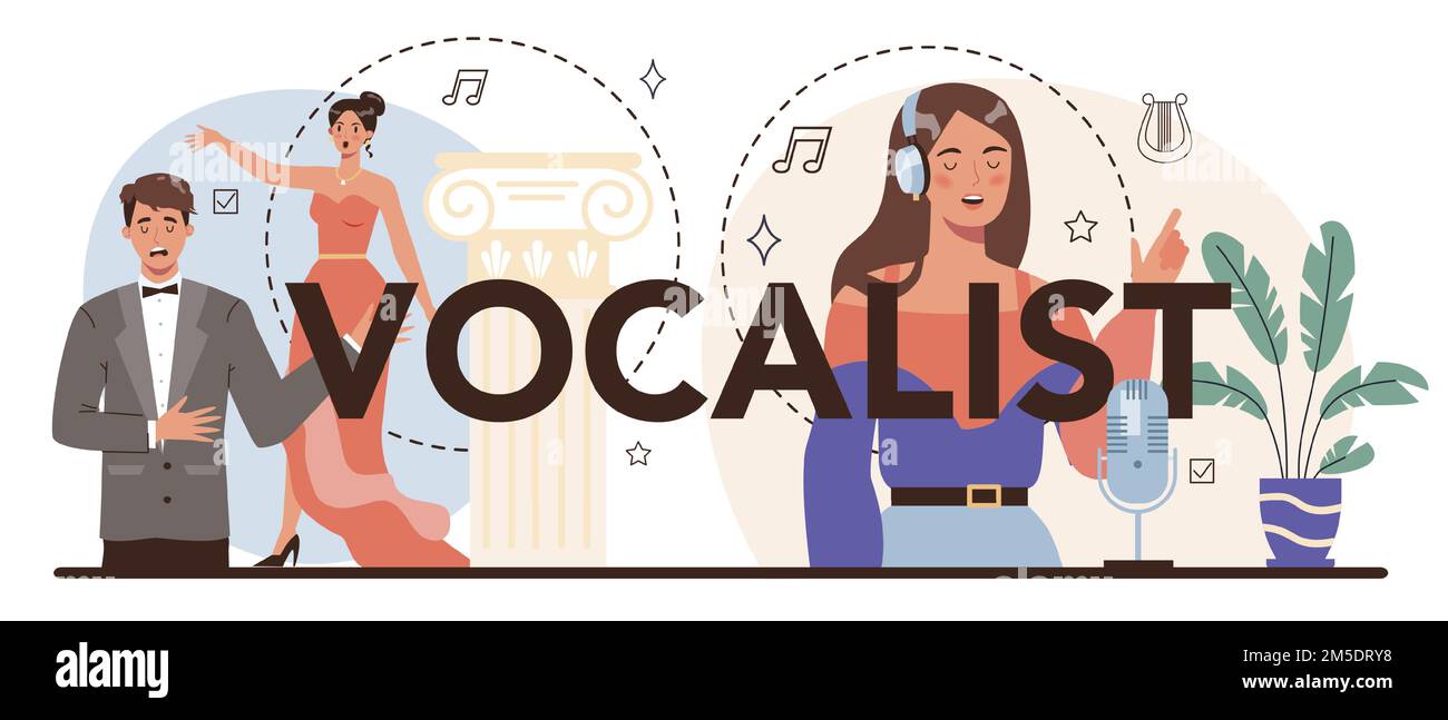 Vocalist typographic header. Performer singing with microphone on stage ...