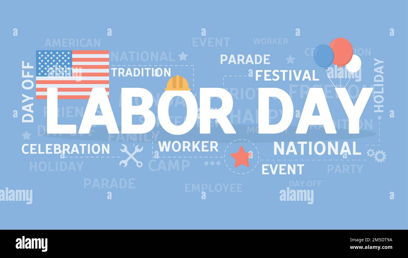 Labor day illustration. Word cloud with american flags and workers ...