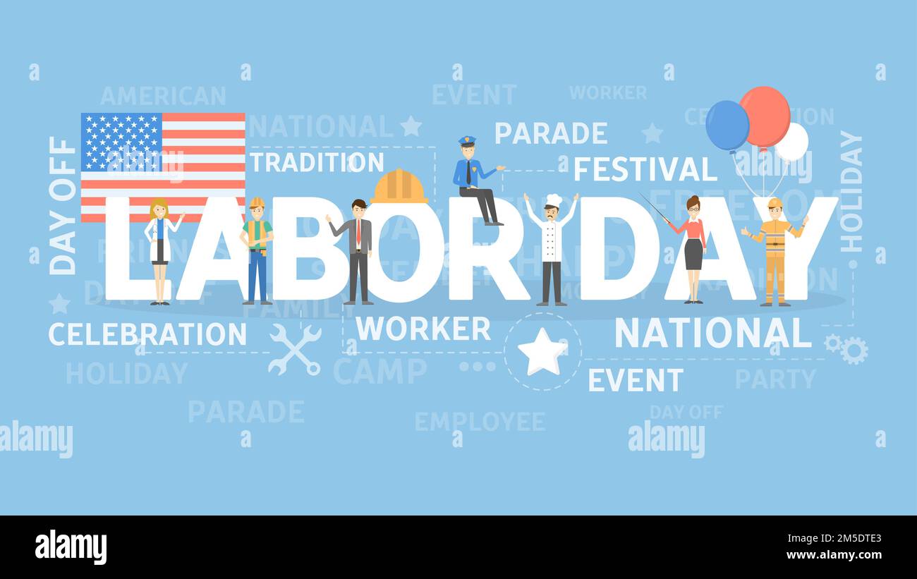 Labor day illustration. Word cloud with american flags and workers ...
