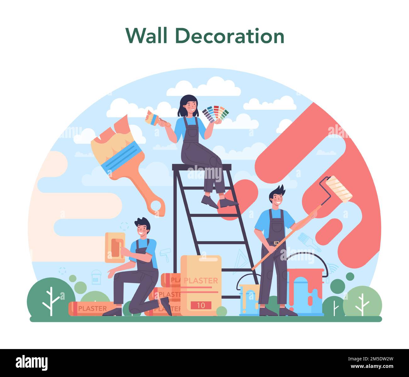 Painter concept. People in the uniform paint the wall with paint roller ...